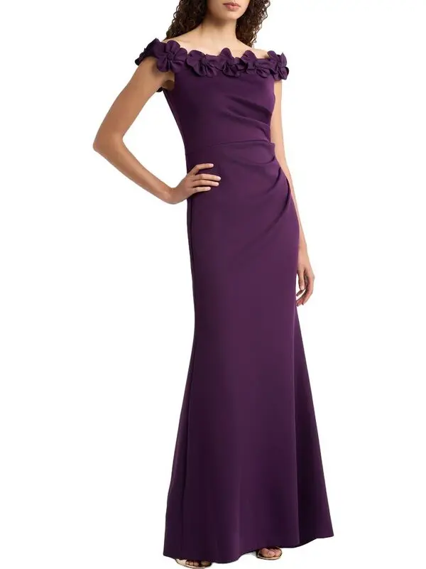Eliza J 3d Floral Off-the-shoulder Gown - Plum