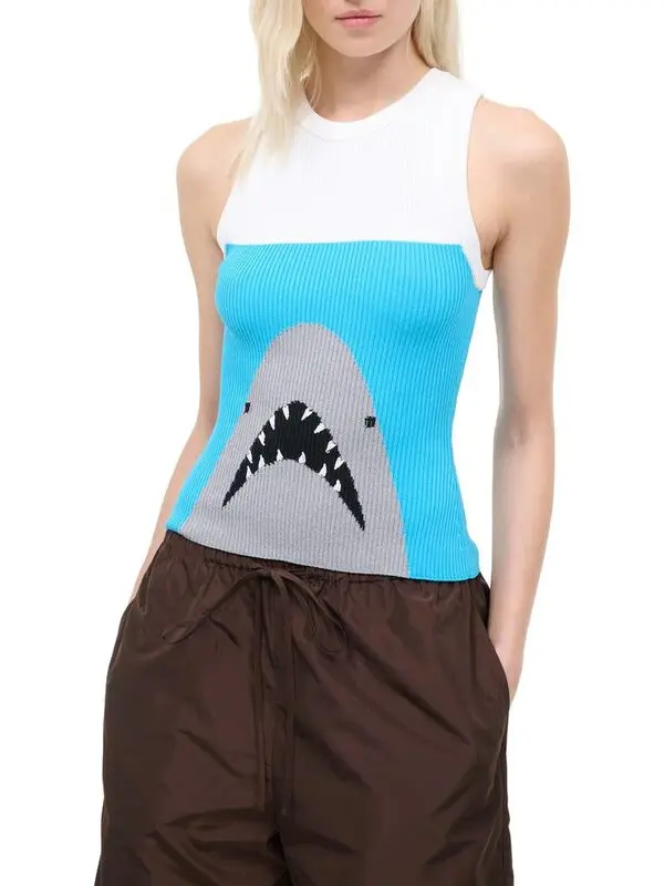 Staud Malia Shark Graphic Rib Knit Tank - Great White