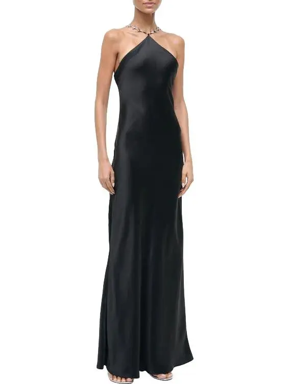 Staud Cadence Shark Tooth Strap Satin Maxi Dress - Black