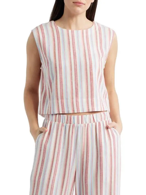 CLOTH & STONE Boxy Back Button Linen Blend Top - Tuscan Sunrise Stripe