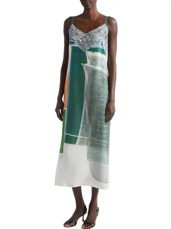 JASON WU Collage Print Lace Trim Silk Midi Dress - Blue Green Multi