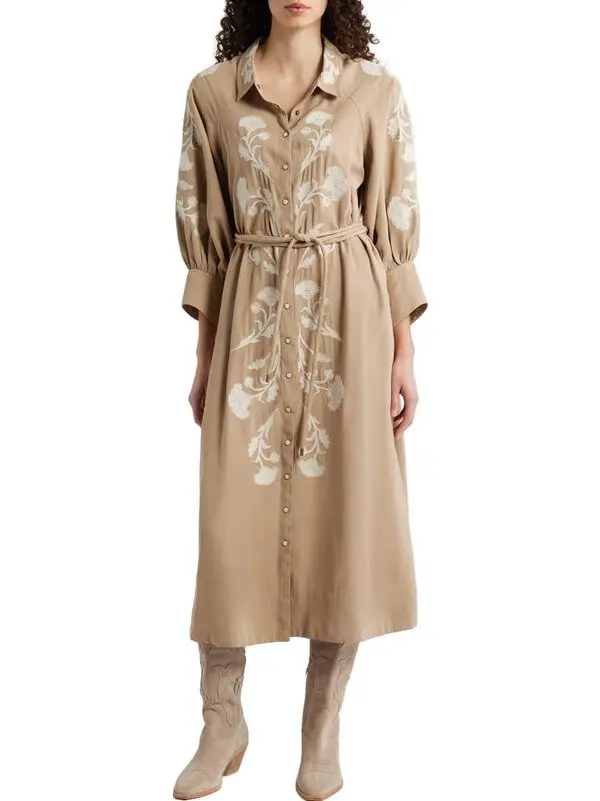 The Great. Stetson The Western Herd Midi Shirtdress - Soft Tan W/cream