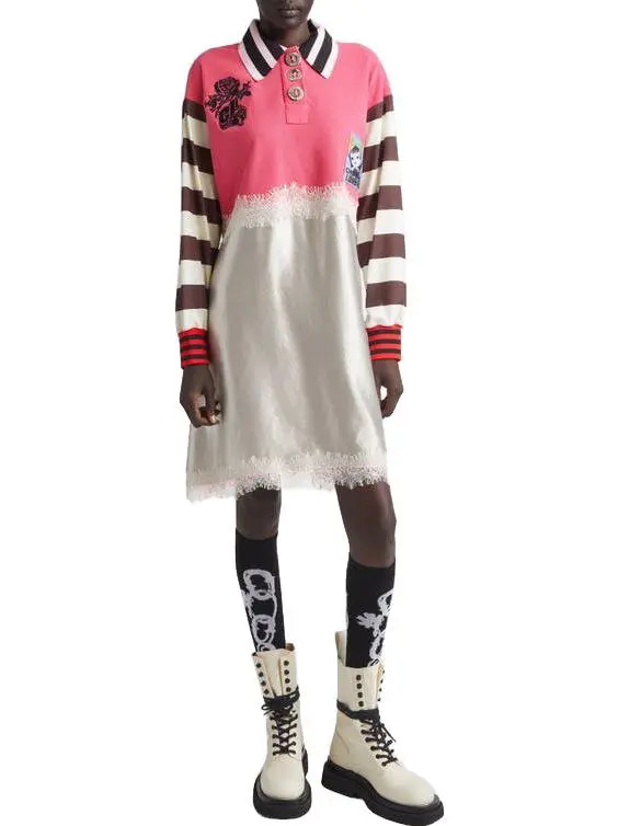 CHOPOVA LOWENA Long Sleeve Piqué & Satin Polo Dress - Pink Multi