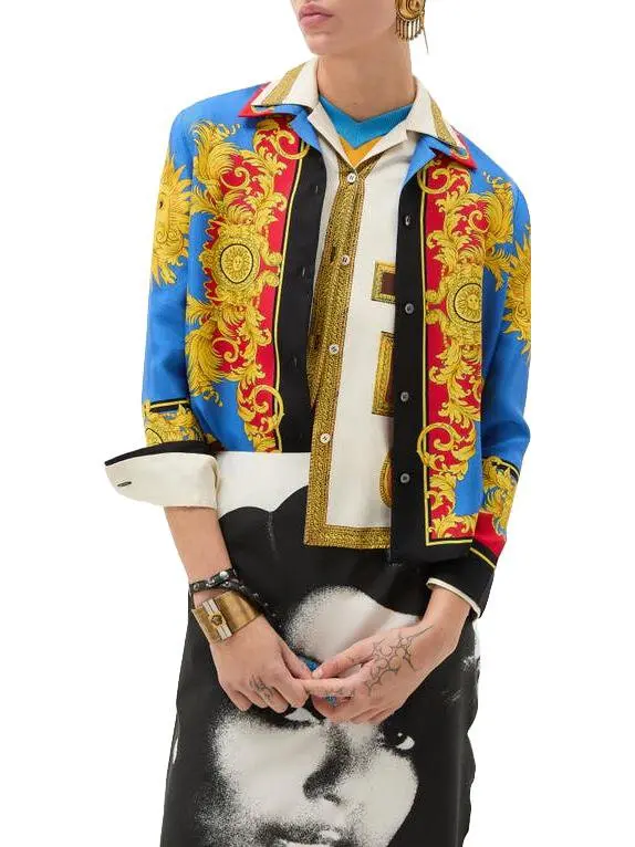 Versace Barocco Print Silk Twill Bowling Shirt - Blue Gold