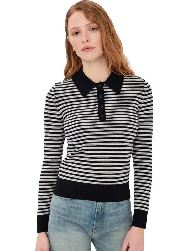 NILI LOTAN Prescott Cashmere Stripe Polo - Dark Navy/grey Stripe