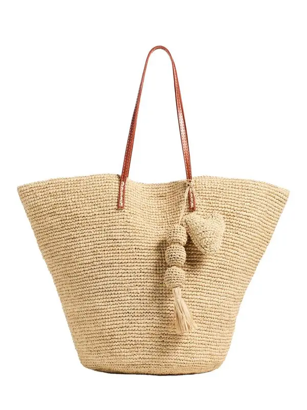 Hat Attack Raffia Tote With Leather Trim And Tassel - Natural