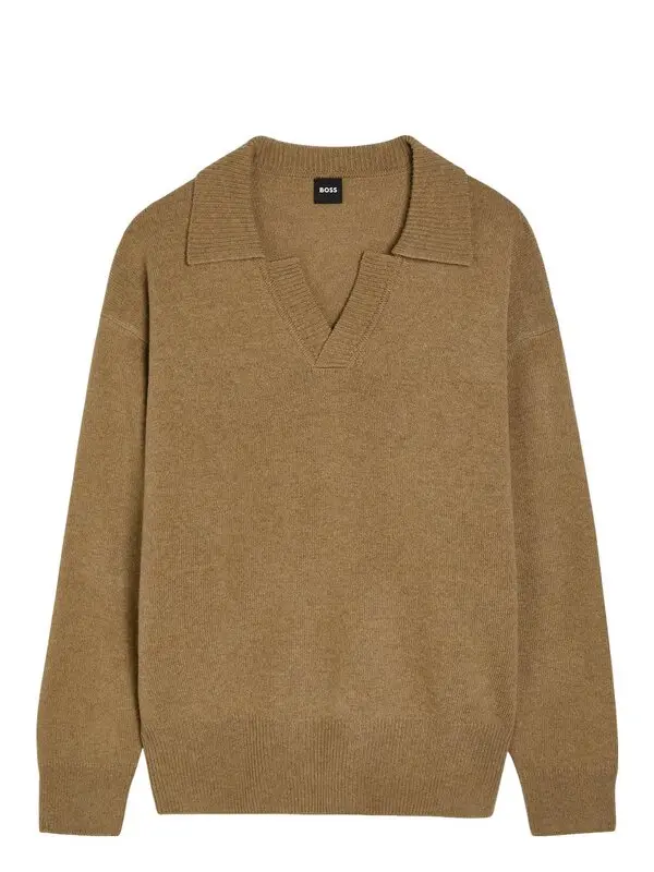 BOSS Open Collar Wool Jumper - Khaki
