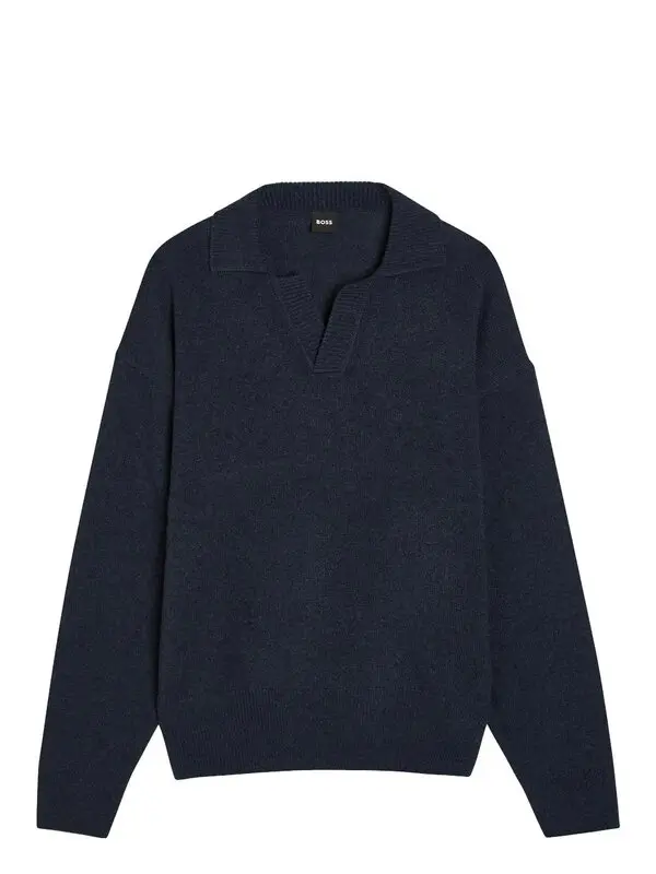 BOSS Open Collar Wool Jumper - Navy