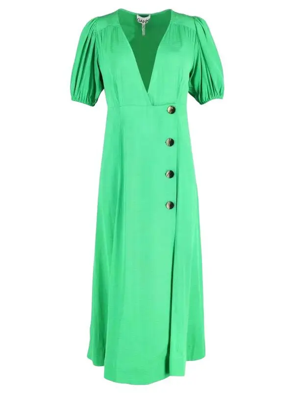 GANNI Puffed-sleeve V-neck Midi Dress - Green