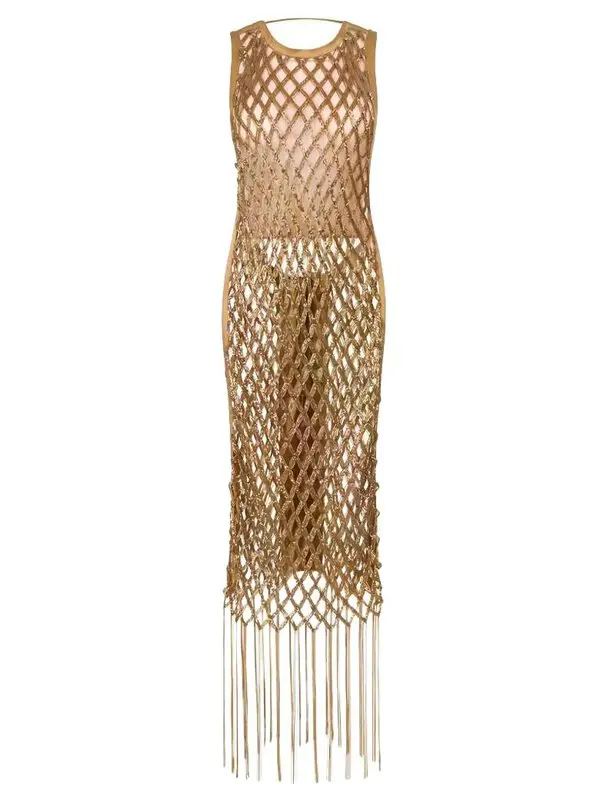 Elisabetta Franchi Mesh Beaded Dress - Gold