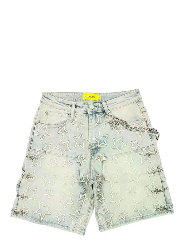 GUAPI Star-embossed Denim Shorts With Chain - Blue