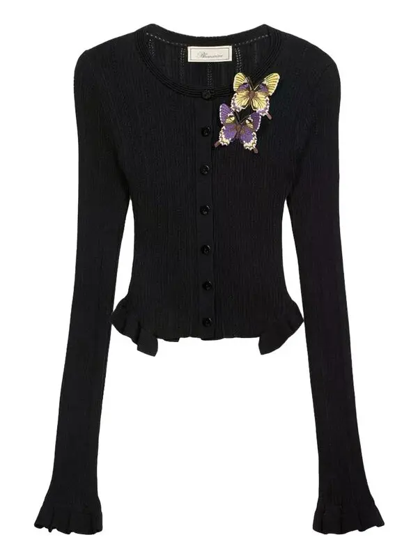 Blumarine Ribbed Cardigan With Butterfly Appliqu - Black
