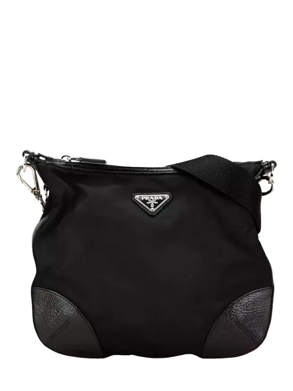 Prada Vitello Trimmed Tessuto Crossbody Bag - Black