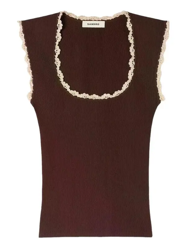 Sandro Lace-trimmed Ribbed Knit Top - Brown