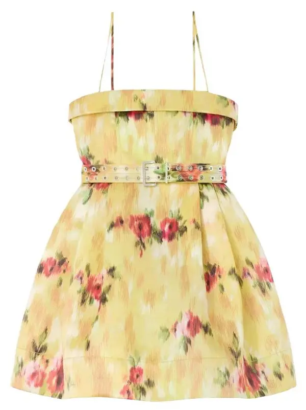 GANNI Floral Belted Mini Dress - Yellow