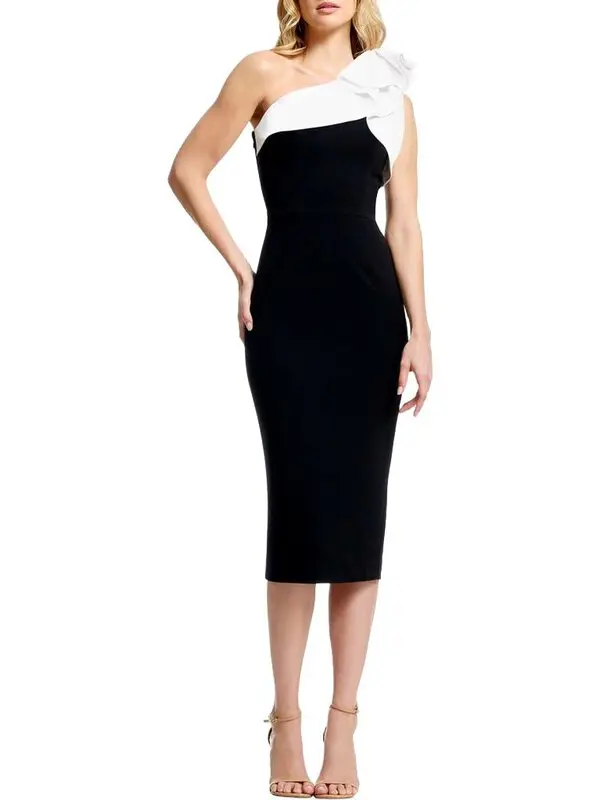 Dress The Population Lennon One-shoulder Body-con Cocktail Dress - Black-white
