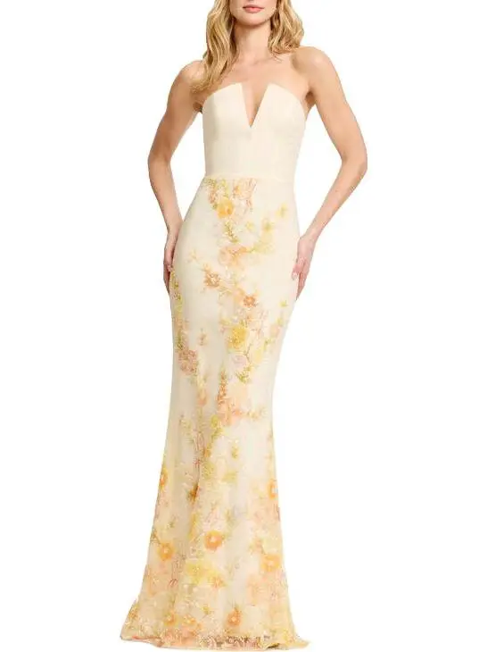 Dress The Population Fernanda Bead Embellished Floral Gown - Ivory Multi