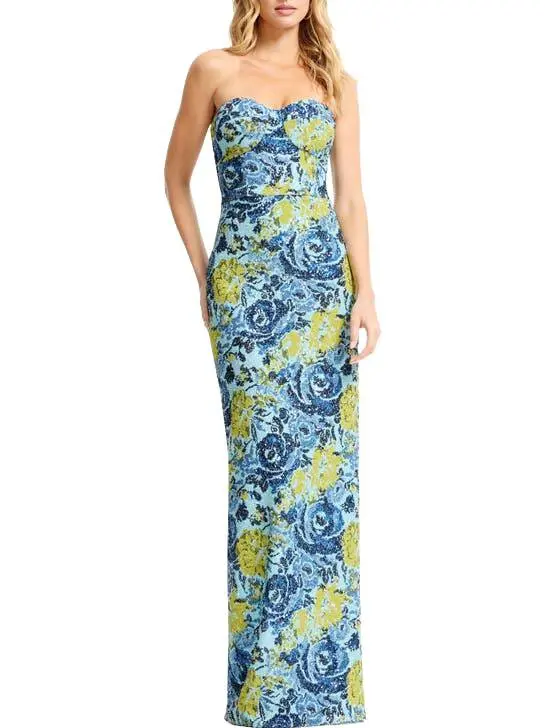 Dress The Population Beaded Floral Strapless Gown - Sky Multi
