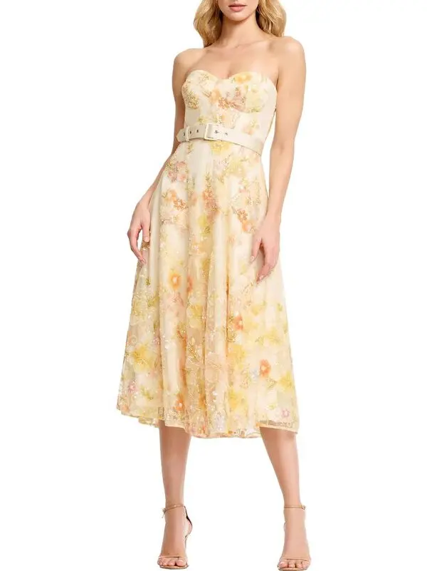 Dress The Population Mabel Strapless Floral Midi Dress - Ivory Multi