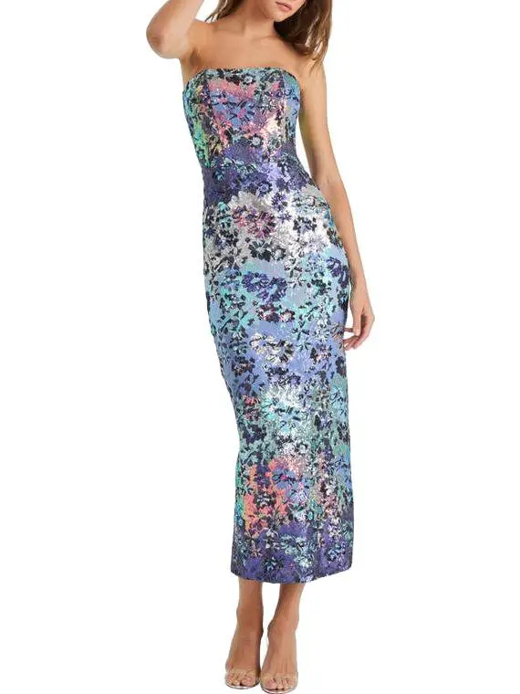 HELSI Leslie Sequin Strapless Gown - Blue/silver Floral