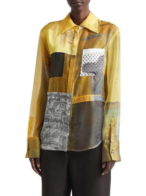 JASON WU Collage Sheer Organza Button-up Shirt - Yellow Multi
