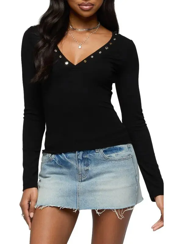 EDIKTED Rossie Studded Long Sleeve T-shirt - Black