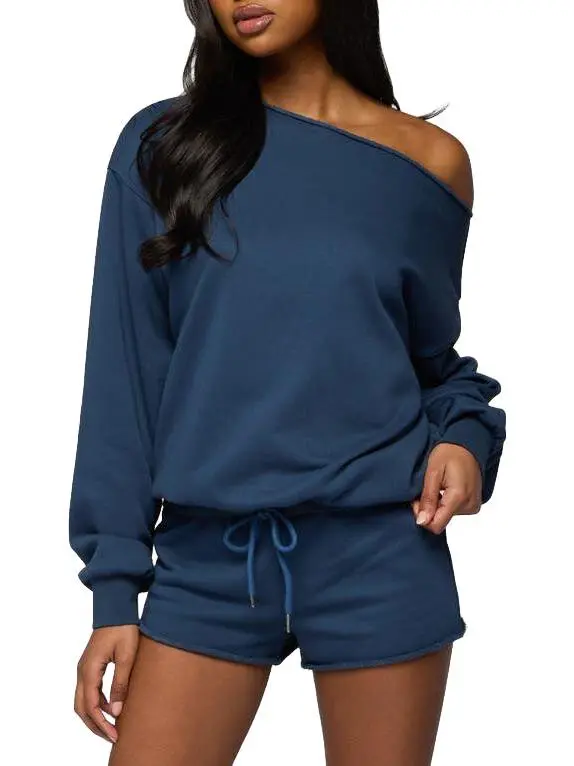 EDIKTED One-shoulder Sweatshirt - Navy