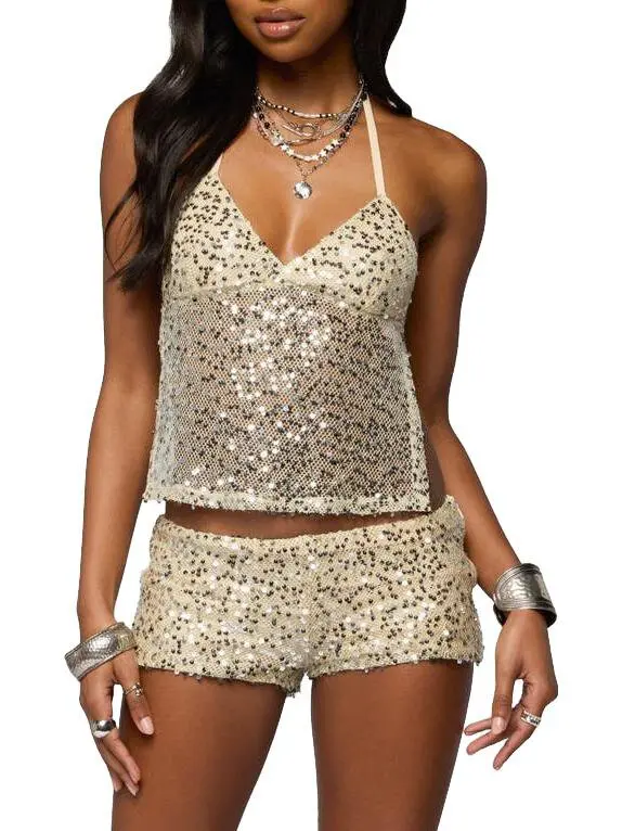 EDIKTED Sequin Mesh Halter Top - Beige
