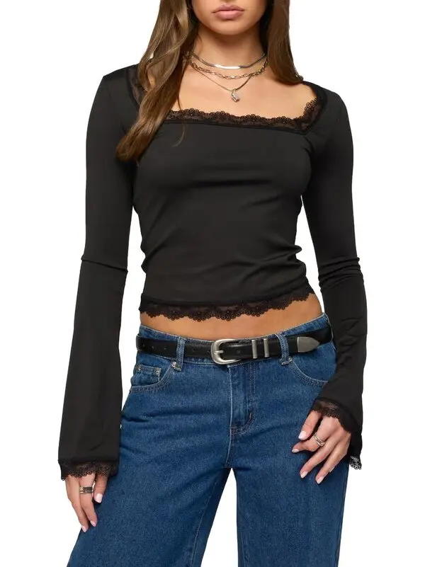 EDIKTED Lace Trim Bell Sleeve Crop Top - Black