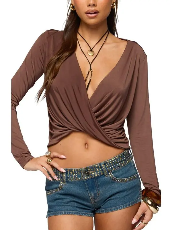 EDIKTED Draped Neck Long Sleeve Top - Brown