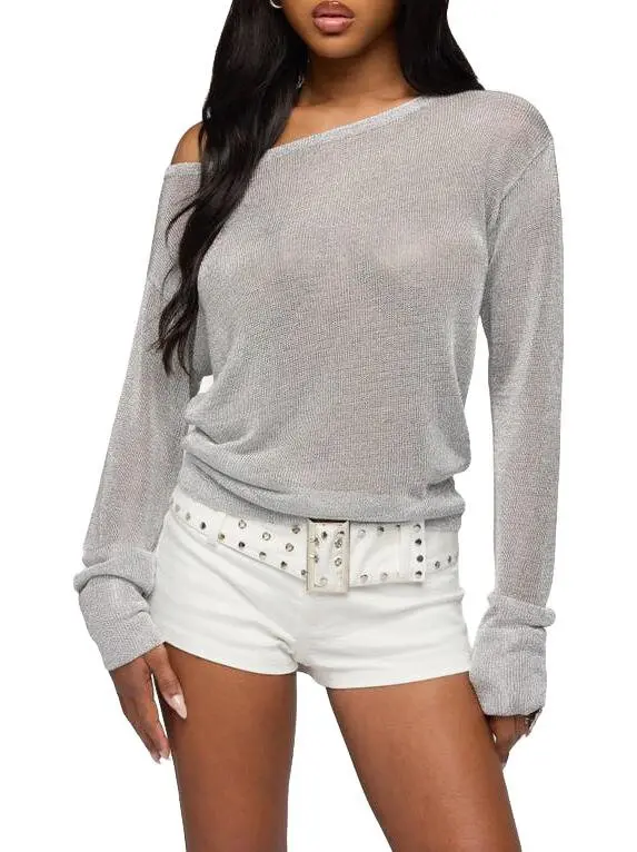 EDIKTED Metallic One-shoulder Sweater - Silver