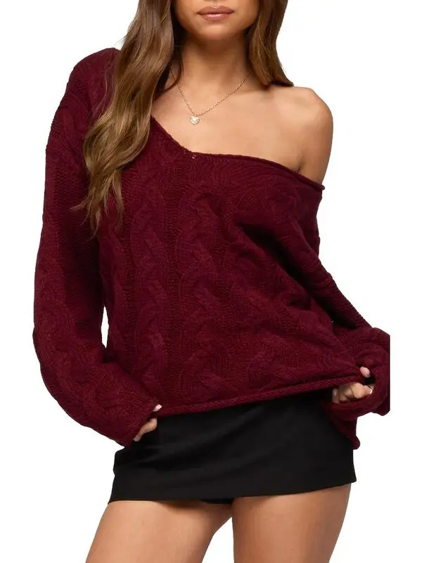 EDIKTED Oversize V-neck Cable Sweater - Burgundy