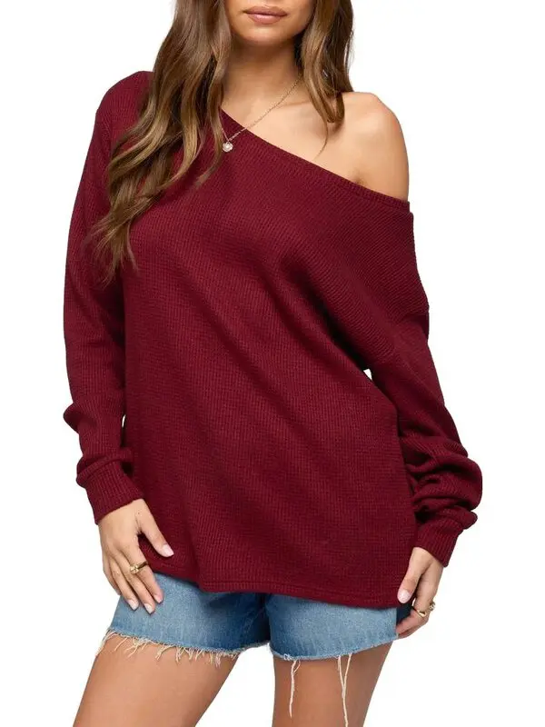 EDIKTED Waffle Stitch One-shoulder Knit Top - Burgundy