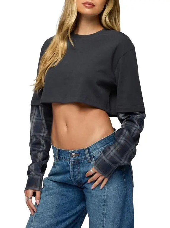 EDIKTED Layered Crop Top - Black-washed