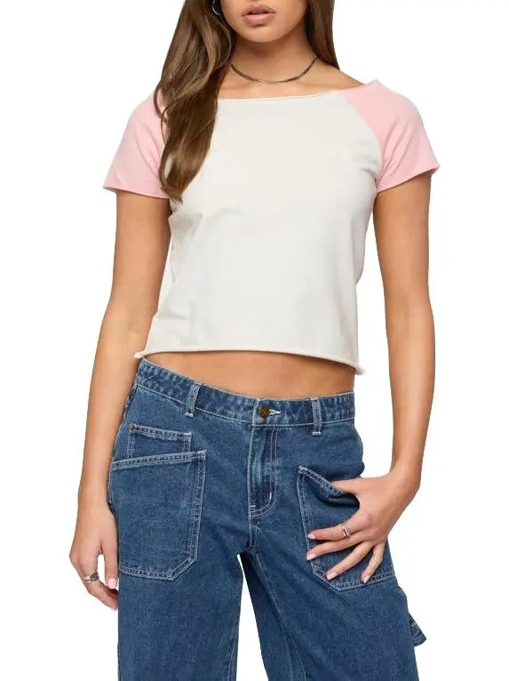 EDIKTED Contrast Raglan Sleeve Crop Top - White-and-pink
