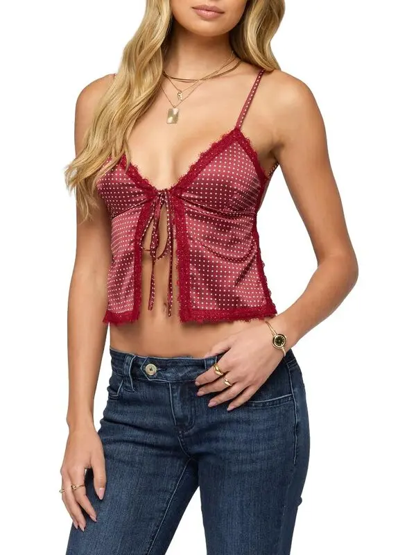 EDIKTED Polka Dot Lace Trim Satin Camisole - Burgundy