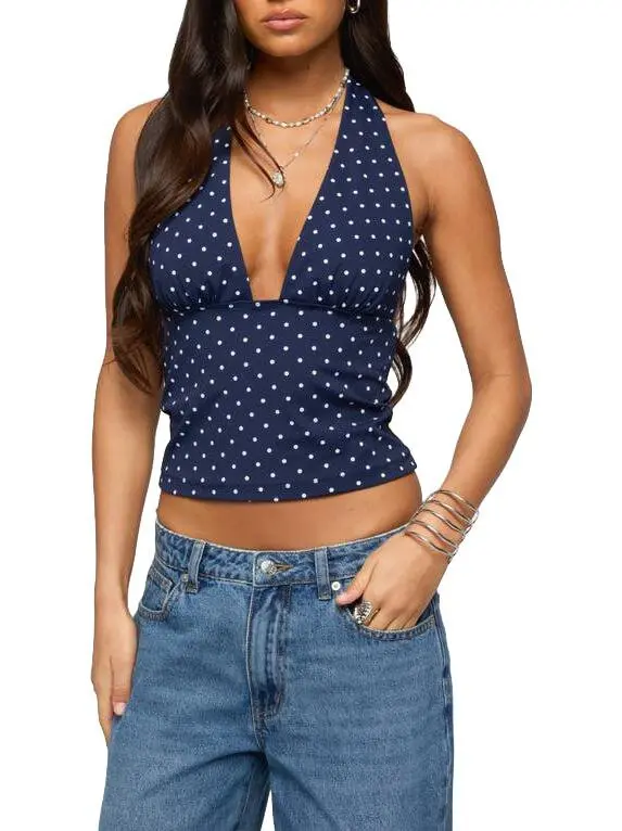 EDIKTED Polka Dot Halter Crop Top - Navy-and-white