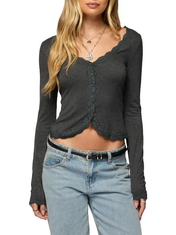 EDIKTED Lace Trim Button-up Crop Top - Dark-gray