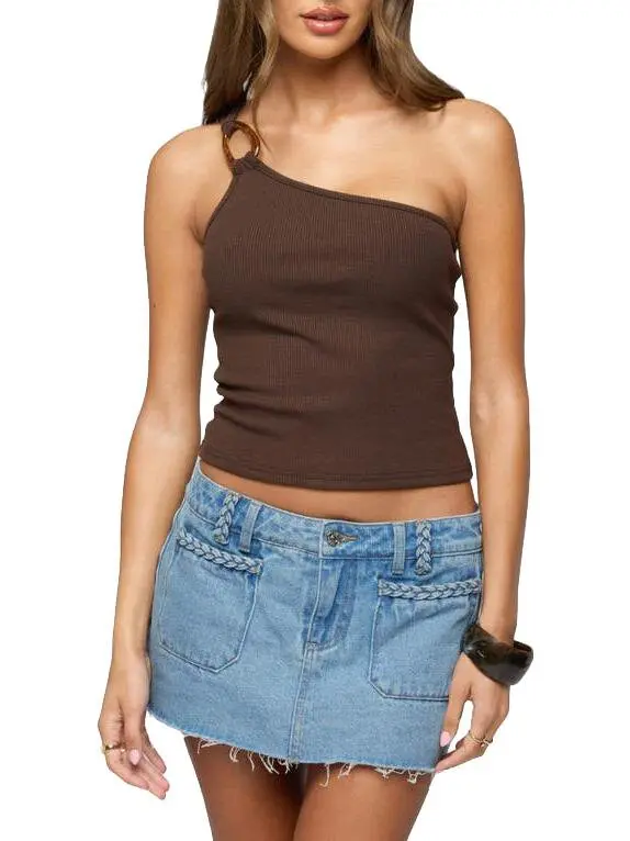 EDIKTED Calista O-ring One-shoulder Rib Crop Top - Brown