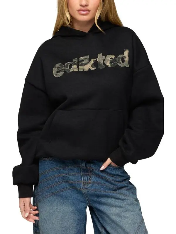 EDIKTED Oversized Hoodie With Camouflage Logo - Black