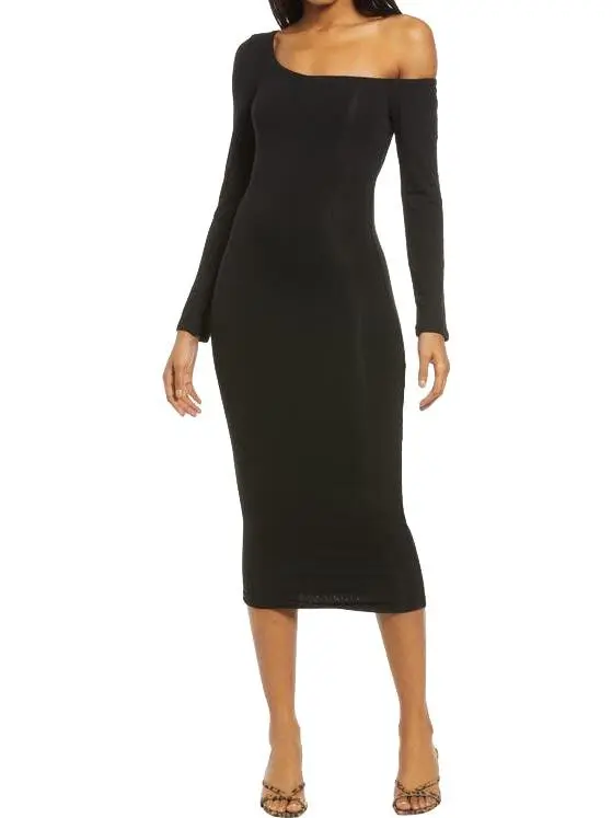 RE ONA Long Sleeve One-shoulder Midi Dress - Black