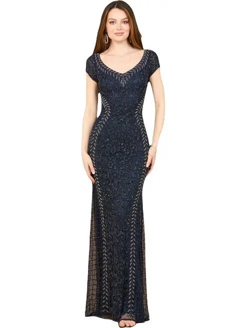 LARA NEW YORK Beaded Mermaid Cap Sleeve Gown - Navy