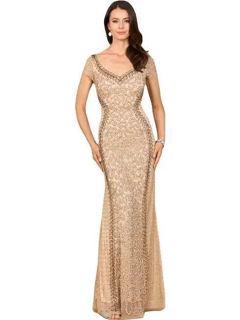 LARA NEW YORK Beaded Mermaid Cap Sleeve Gown - Nude
