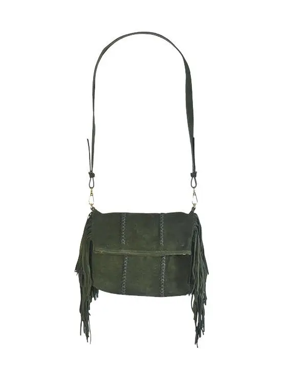 Carlos Falchi Fringe Suede Crossbody Messenger - Olive