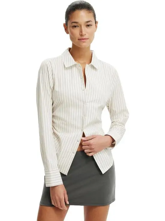 COTTON ON Peyton Gathered Long Sleeve Shirt - Grey Pinstripe