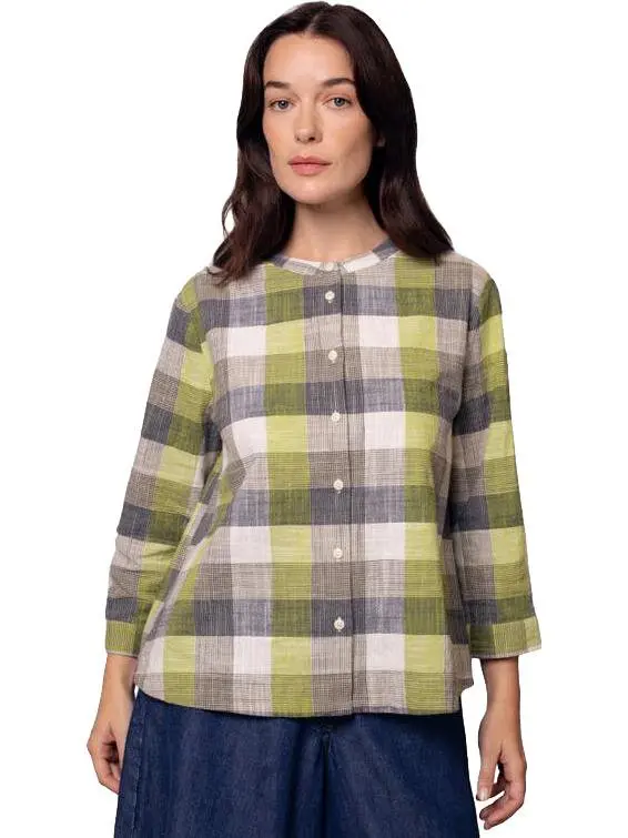 CELTIC & CO. Collarless Swing Blouse - Slate/green Check