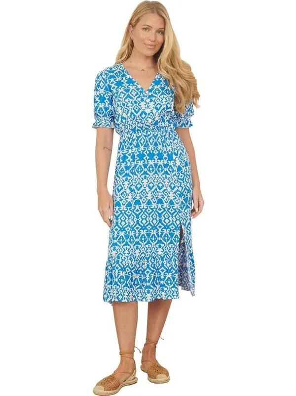 YUMI Geometric Print Puff Sleeve Midi Dress - Blue