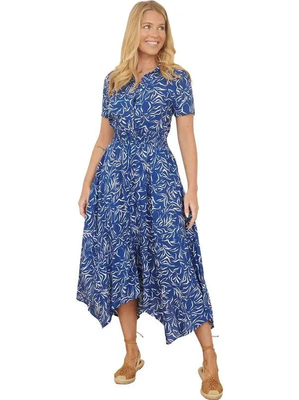 YUMI Printed Midi Shirt Dress With Ruching - Blue