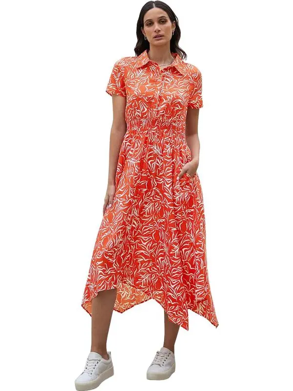YUMI Printed Midi Shirt Dress With Ruching - Coral