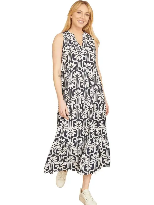 YUMI Retro Print Relaxed Midi Dress - Navy